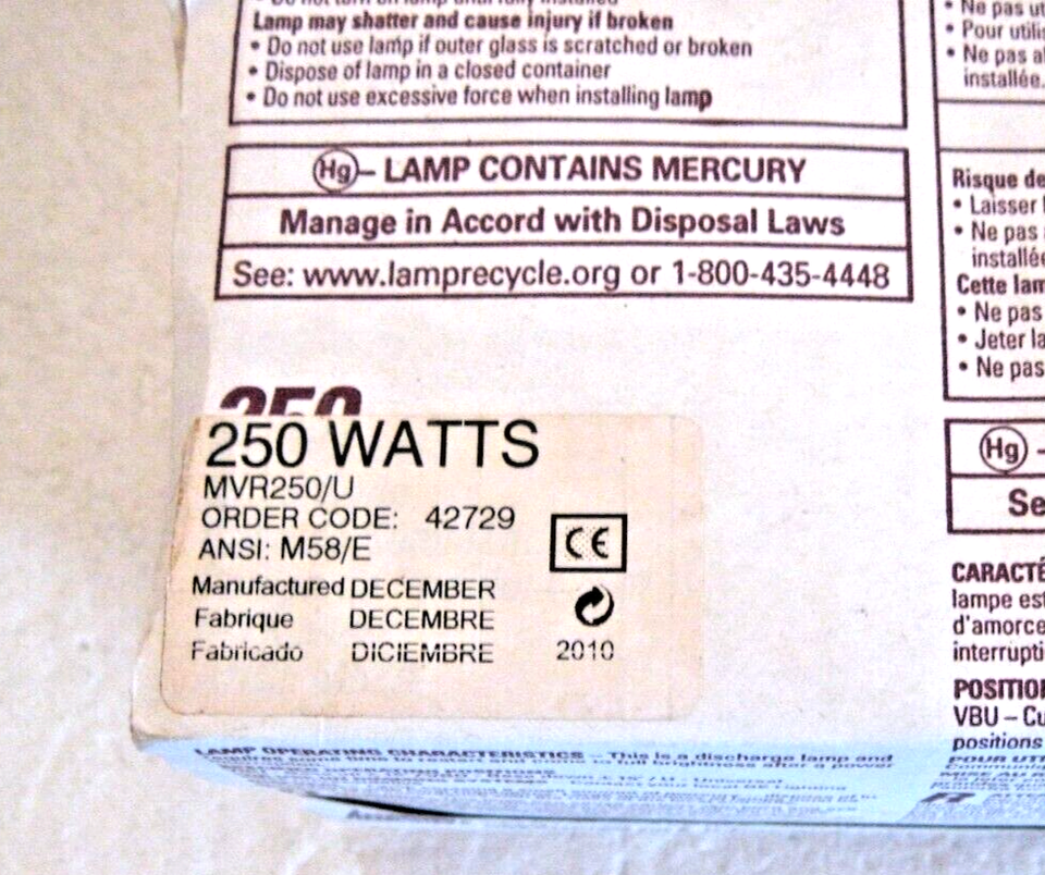 2 x GE 250w Multi-Vapor Metal Halide Lamps MVR250/U Light Bulbs USA ...