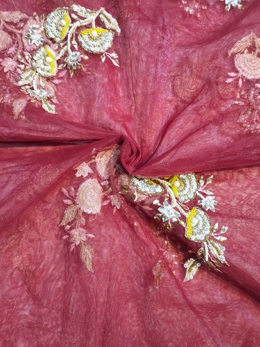 Wine Red Net Lace George Fabric With Floral Design And Stone Beaded ...