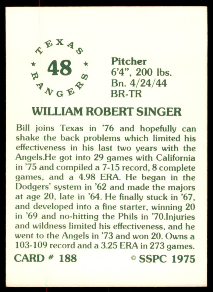 1975 SSPC BILL SINGER . TEXAS RANGERS #188 | eBay