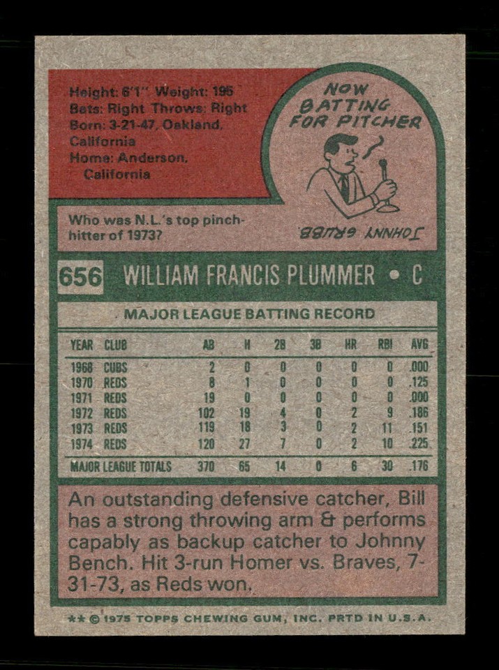 1975 Topps #656 Bill Plummer Cincinnati Reds EX-MT Baseball Card *C514 ...