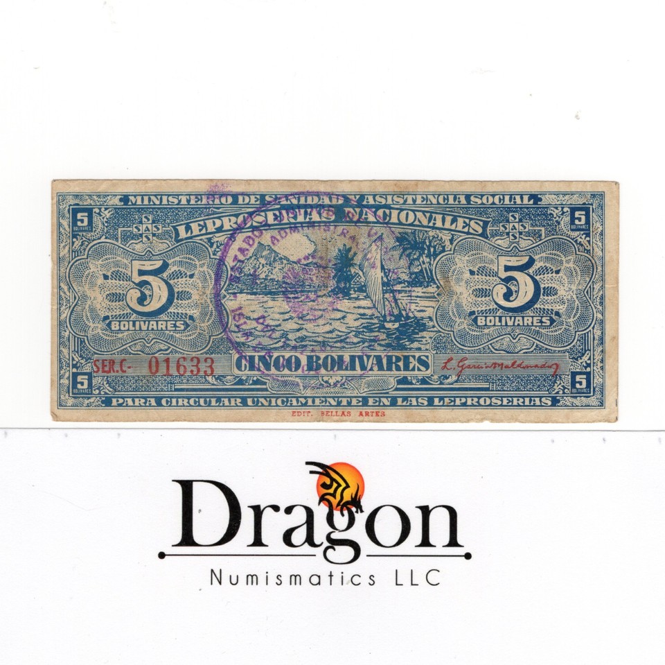 Venezuela Antique Leper Note 5 Bolivares 1944 Serie C VF WITH SEAL BEST ...