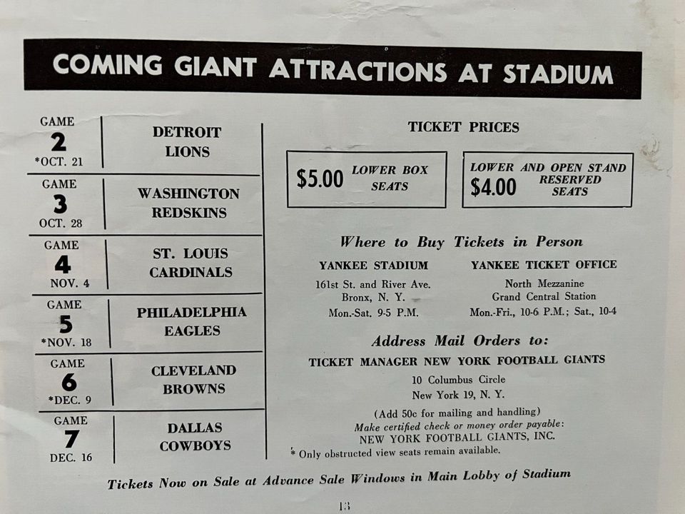 NY Giants vs Pittsburgh Steelers Program At Yankee Stadium October 14 ...