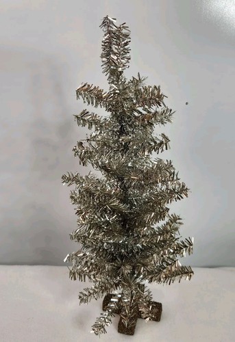 Vintage Silver Thin Tabletop Tinsel Tree Wooden Cross Bottom Base MCM ...