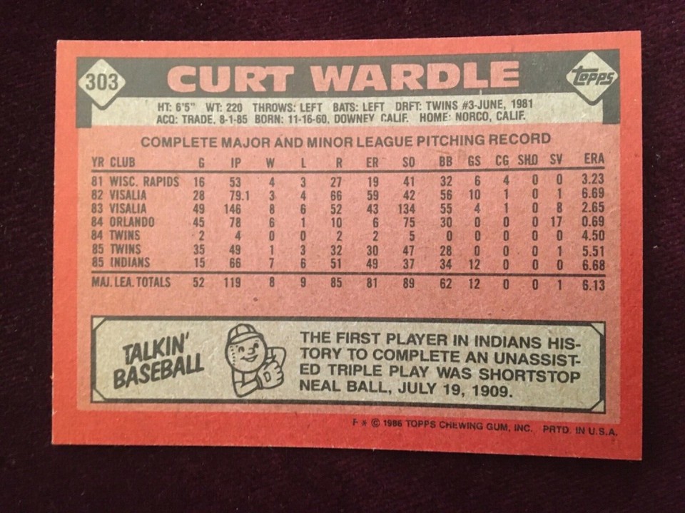1986 Topps #303 Indians Curt Wardle Baseball Card | eBay