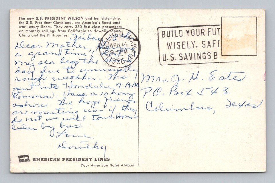 Steamer Passenger Ship SS President Wilson Ocean Liner Water View 1956 ...