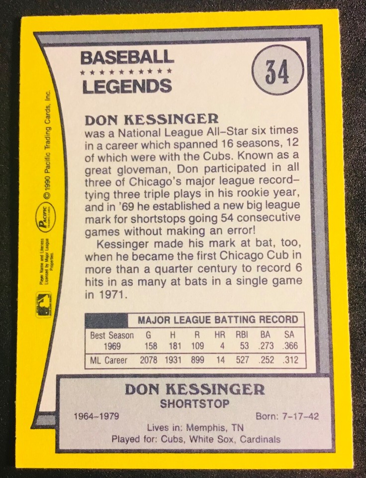 Chicago Cubs DON KESSINGER signed autographed PACIFIC card 6 All Star 2 ...