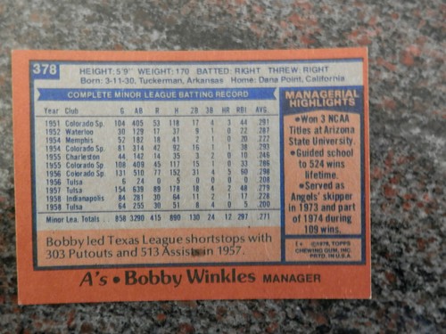 1978 TOPPS BASEBALL CARD #378 BOBBY WINKLES MANAGER OAKLAND A'S - NM | eBay
