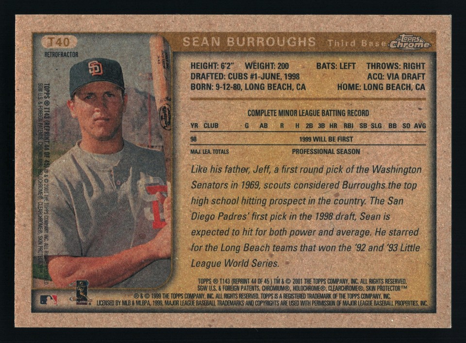 Sean Burroughs S.D. Padres 2001 Topps Traded Chrome Retrofractor #T143 ...