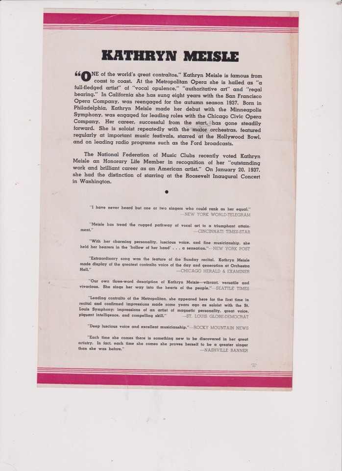 Kathryn Meisle Opera Americas Beloved Singer Bio Sheet 1940s Arthur ...
