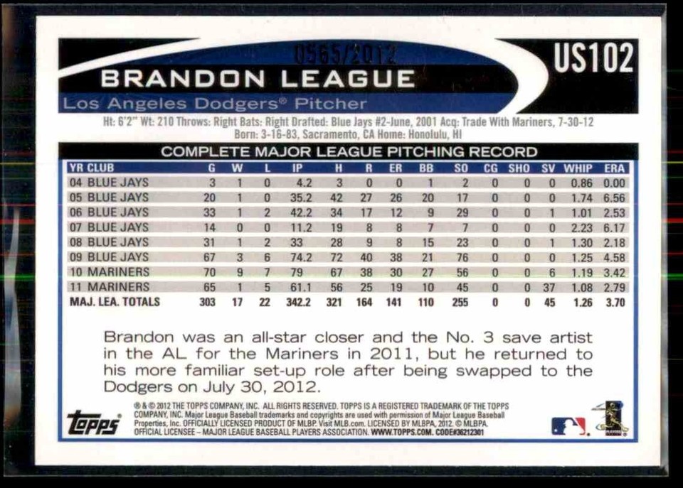 2012 Topps Update Gold Brandon League US102 Los Angeles Dodgers 0565/ ...