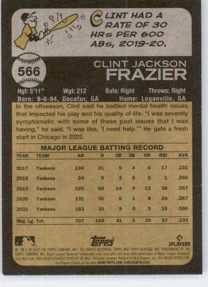 2022 Topps Heritage High Number #566 Clint Frazier NM-MT Cubs ID:60406 ...
