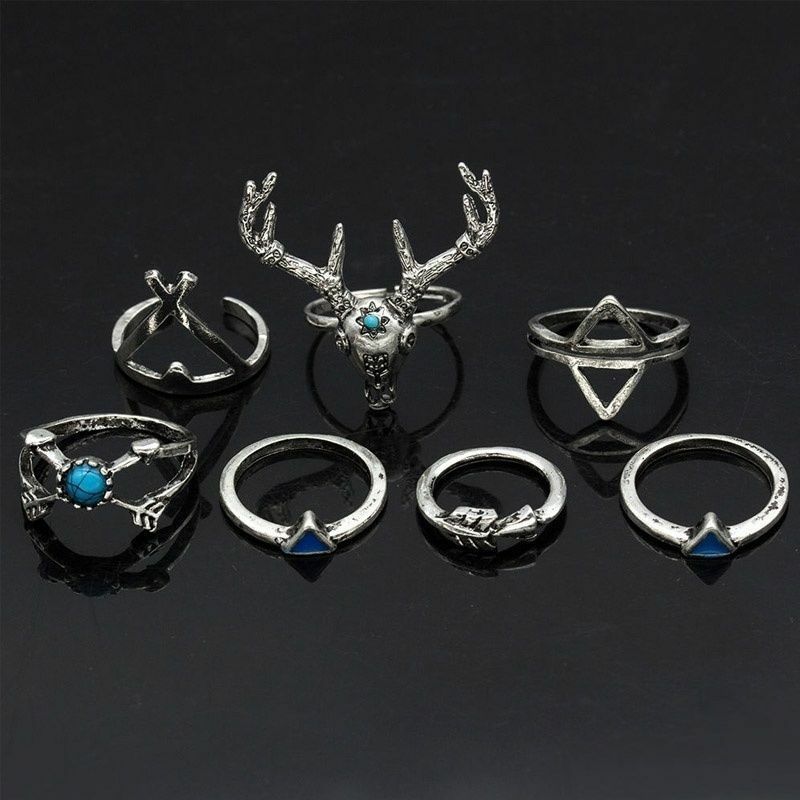 7pcs Silver Ring Set Blue Turquoise Arrows Antlers Women Retro Stack ...