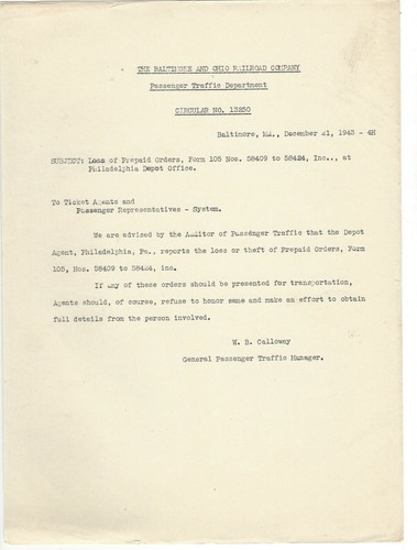 1943 B&O Baltimore and Ohio Railroad Memo: Loss of Prepaid Order Forms ...