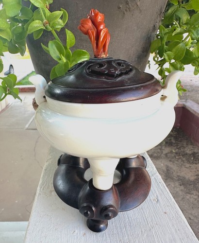 Chinese glass censer with wooden stand and lid -white incense burner ...