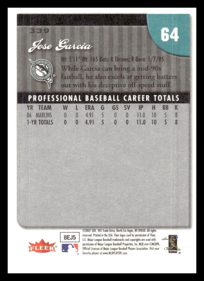 2007 Fleer #339 Jose Garcia Florida Marlins RC Baseball NM RC Rookie | eBay