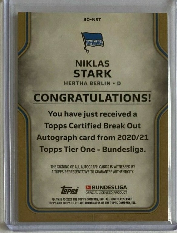 2020-21 TOPPS TIER ONE BUNDESLIGA SOCCER AUTOGRAPH NIKLAS STARK 041/125 ...