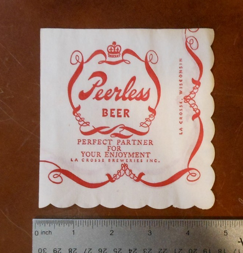 Peerless Beer Napkin, La Crosse Breweries, La Crosse WI- Perfect ...