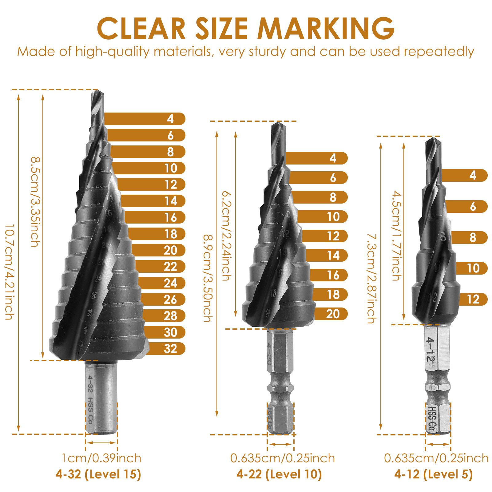 3Pcs Step Drill Bit Set M35 Cobalt HSS 5/10/15 Step Drill Cone Hole ...