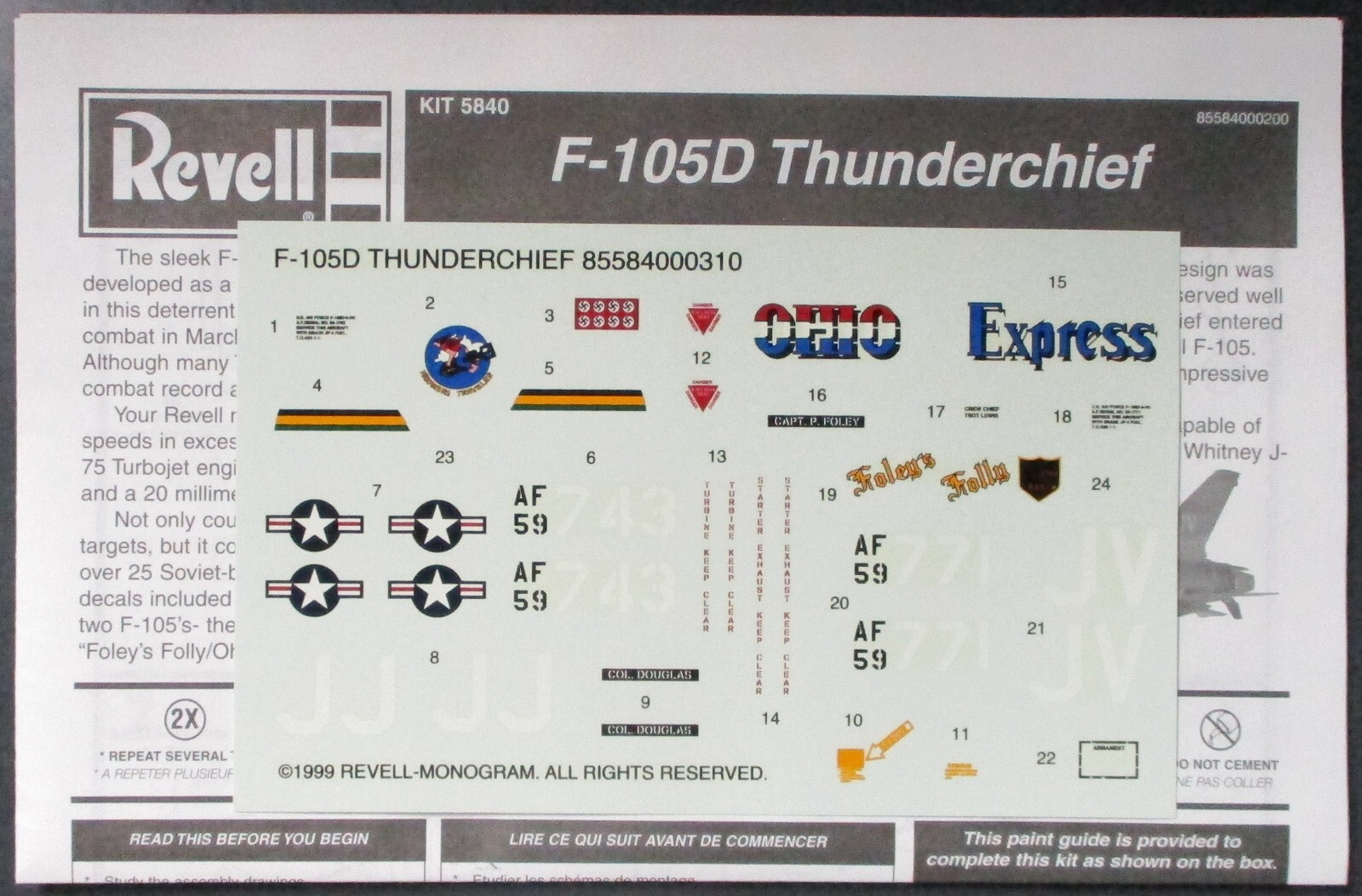 Revell 1/48th Scale F-105D Thunderchief - Decals from Kit No. 85-5840 ...