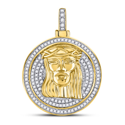 10k Yellow Gold Mens Round Diamond Jesus Circle Medallion Pendant 5/8 ...