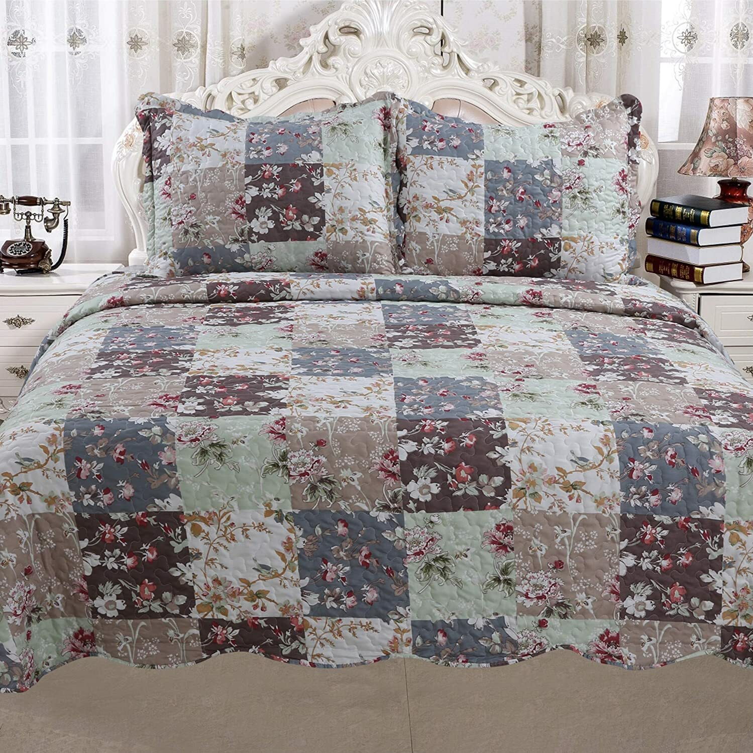 English Roses Bedding Quilt Bedspread Coverlet 3 Piece Reversible Full ...