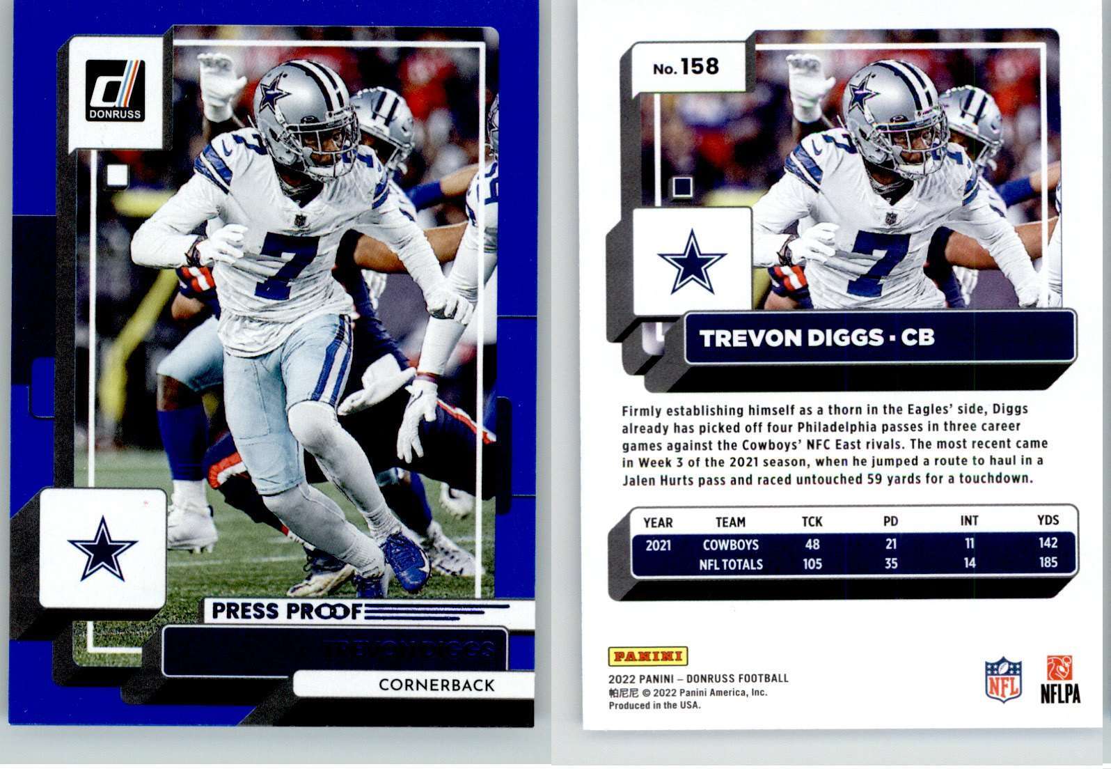 Trevon Diggs 2022 Donruss Press Proof Blue #158 Cowboys | eBay