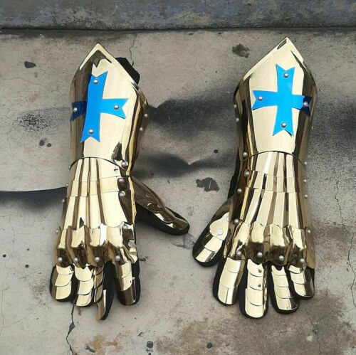 Medieval Knight Gloves Gauntlets Steel Gothic Golden Finish 18 Gauge ...