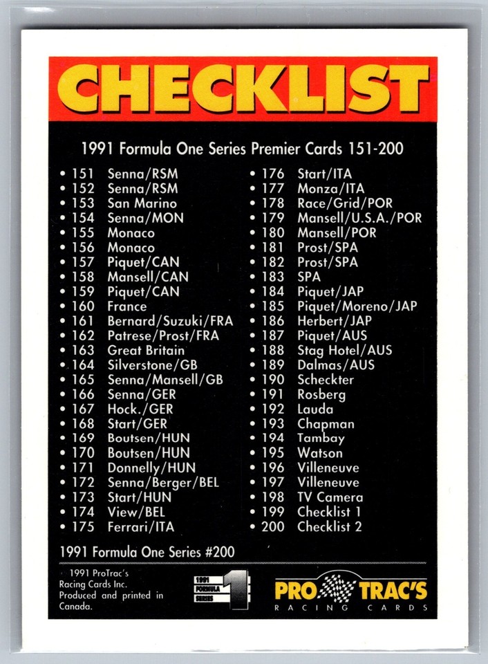 1991 Pro Trac's Formula One Series Checklist #200 Trading Card | eBay