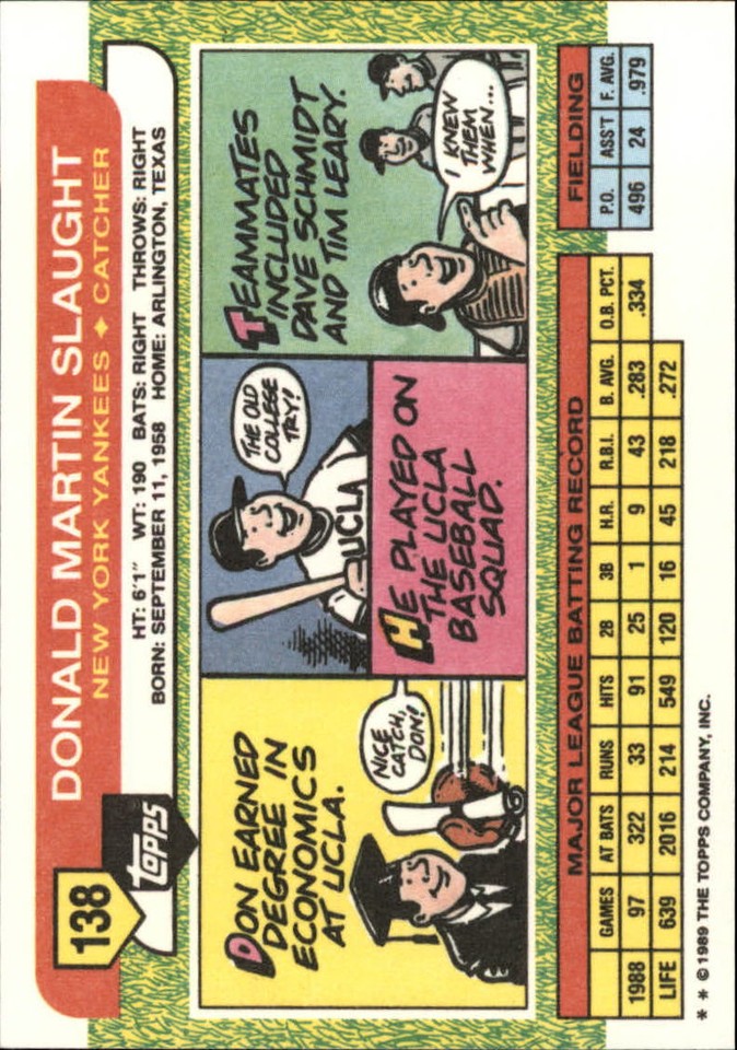 1989 Topps Big New York Yankees Baseball Card #138 Don Slaught | eBay