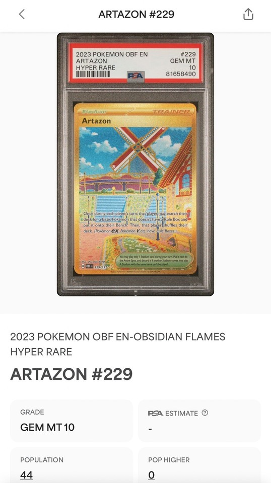 PSA 10 2023 POKEMON OBF EN-OBSIDIAN FLAMES 229 ARTAZON HYPER RARE Gold ...