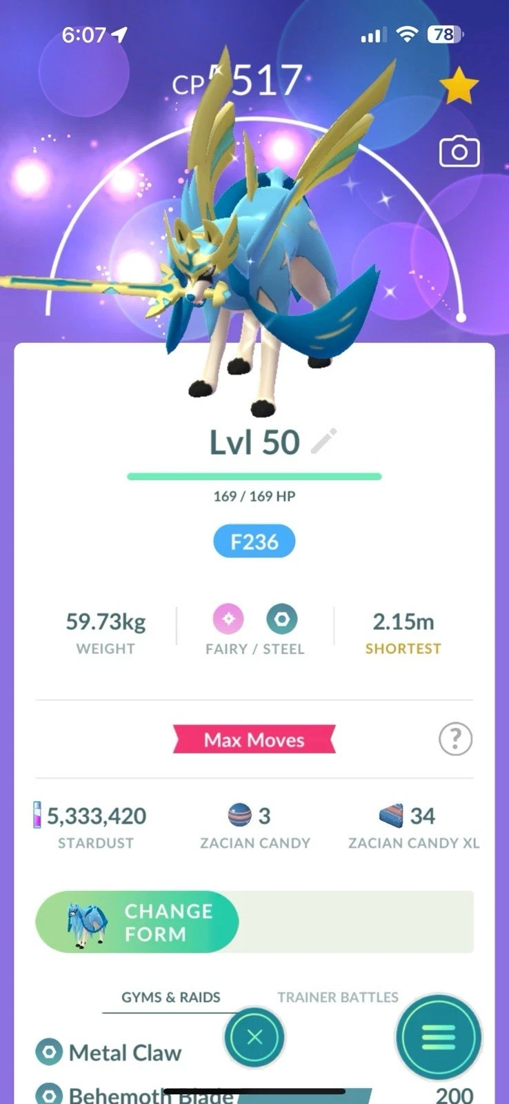 Pokémon G0 --- Level 50 Shiny Crowned Sword Zacian Transformed | eBay