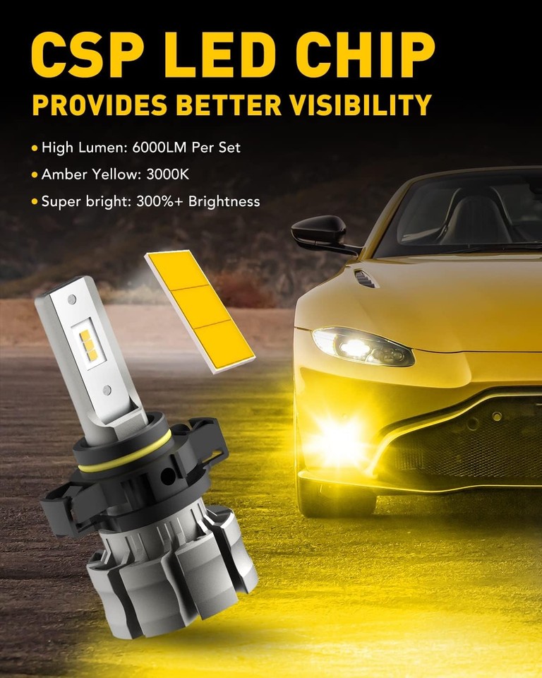 5202 LED Fog Light Bulbs, 3000K Amber Yellow 6000 Lumen Plug - 3000K ...