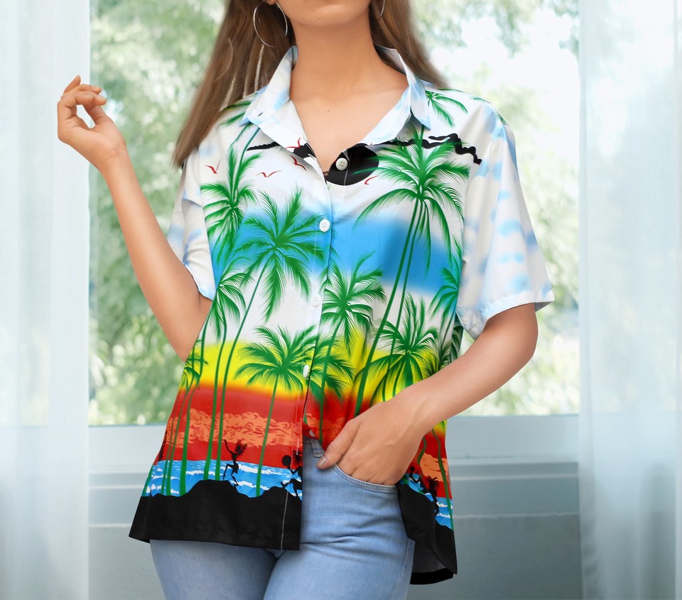HAPPY BAY Women's Button Down Blouses Summer Beach XL Palm Tree View ...