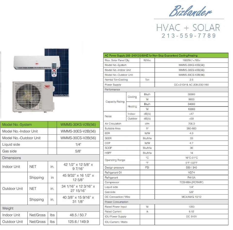 YMGI 2.5 Ton 30000 BTU SOLAR ASSIST DUCTLESS MINI SPLIT AIR CONDITIONER ...