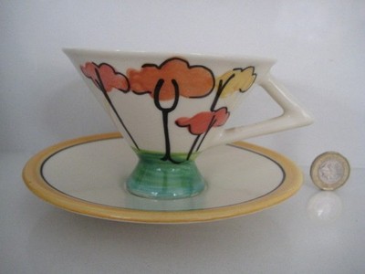 VINTAGE HANDPAINTED TREES DESIGN PAST TIMES CUP & SAUCER CONICAL ART ...