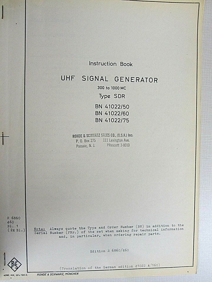 Rhode & Schwarz Instruction Book UHF Signal Generator 300 To 1000 MC ...