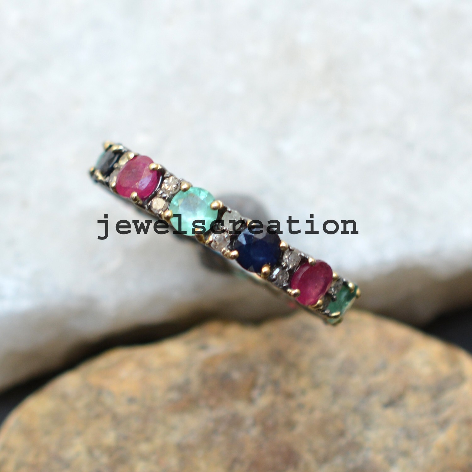 Genuine Multi Gemstone Eternity 925 Silver Pave Diamond Band Ring Gift ...