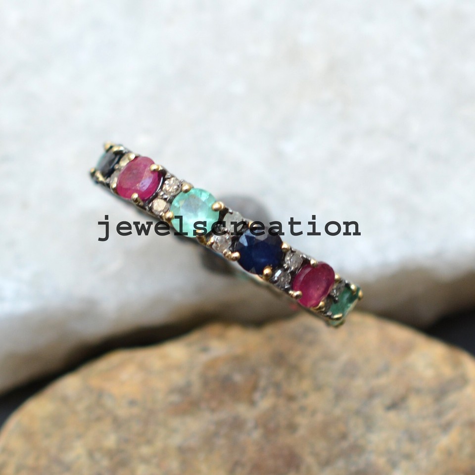 Genuine Multi Gemstone Eternity 925 Silver Pave Diamond Band Ring Gift ...