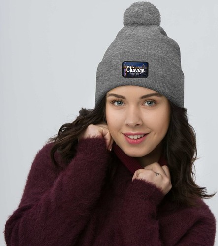Chicago Skyline Windy City Patch Cuffed Pom Knit Hat Grey | eBay