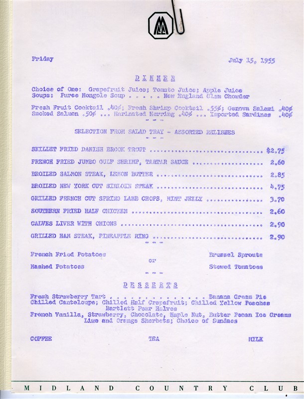 Midland Country Club Dinner Menu Midland Michigan 1955 | eBay