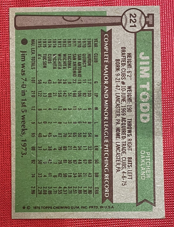 1976 Topps Jim Todd Oakland Athletics #221 VG | eBay