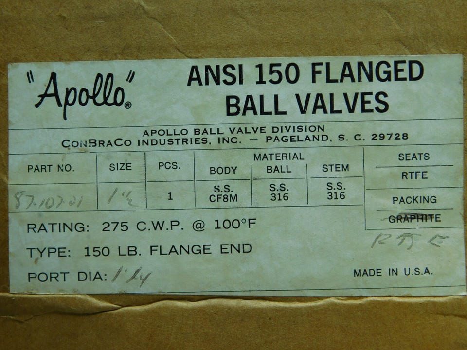 CONBRACO APOLLO 87-107-01 CF8M STAINLESS ANSI 150 FLANGE BALL 1-1/2 ...