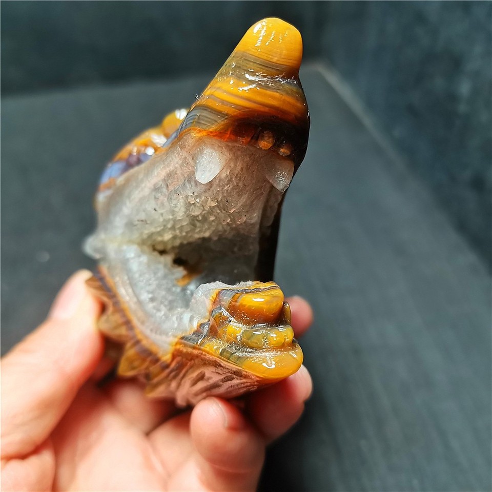 TOP 264.5G Natural Colorful Agate Stone Geode Hand carved wolf's head ...