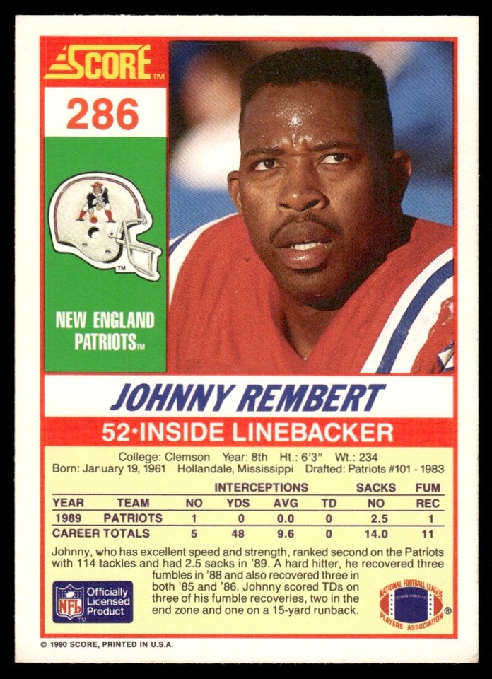 1990 Score Johnny Rembert New England Patriots #286 | eBay