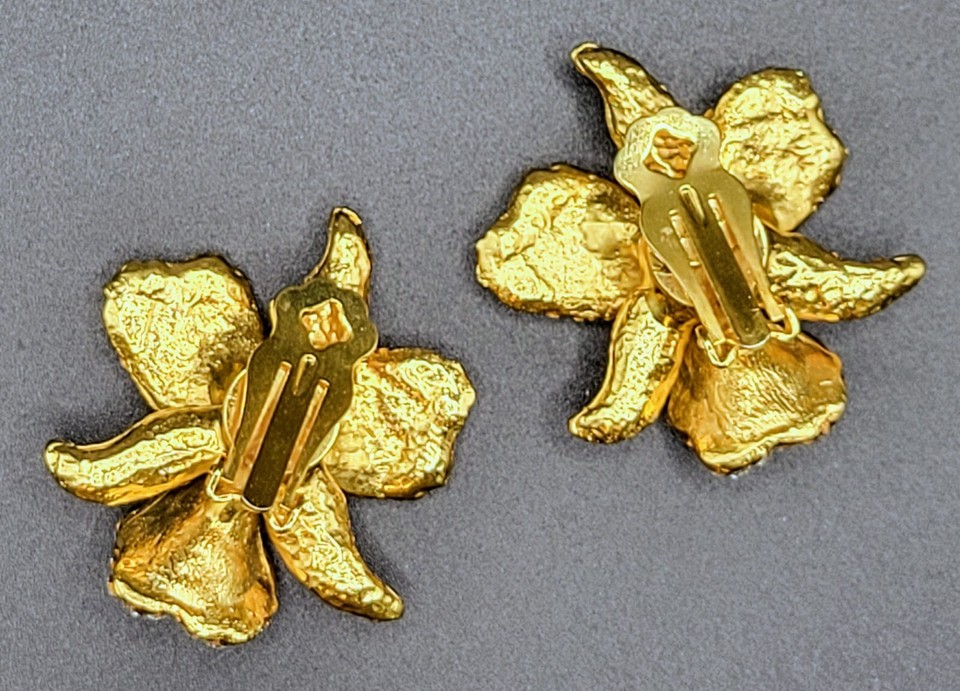 SIMAN TU EARRINGS Clear & Yellow Flowers PAVE' CRYSTALS Clip-On CHIC ...