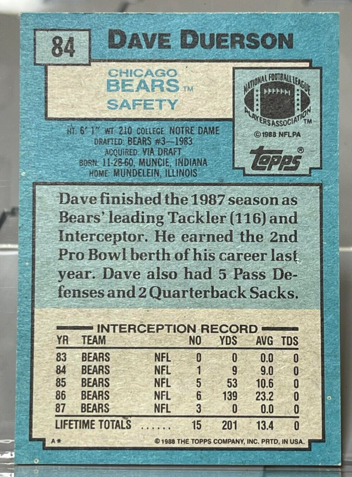 DAVE DUERSON 1988 TOPPS FOOTBALL CHICAGO BEARS #84 | eBay