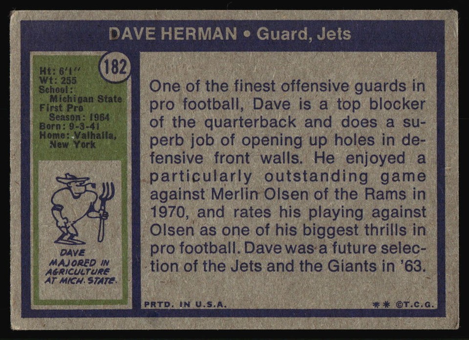 1972 Topps Dave Herman #182 New York Jets | eBay