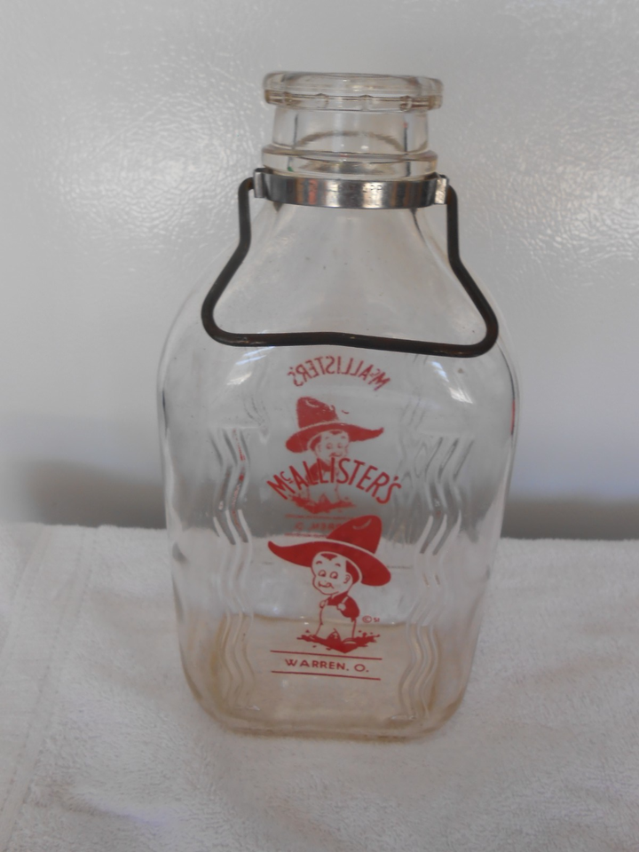 VTG McALLISTER'S GLASS MILK BOTTLE WARREN OHIO w/METAL CARRYING HANDLE ...