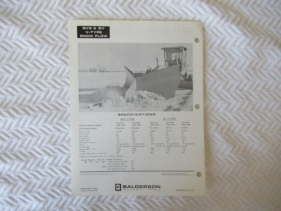 Balderson BV V-Type snow plow spec sheet brochure for Caterpillar motor ...