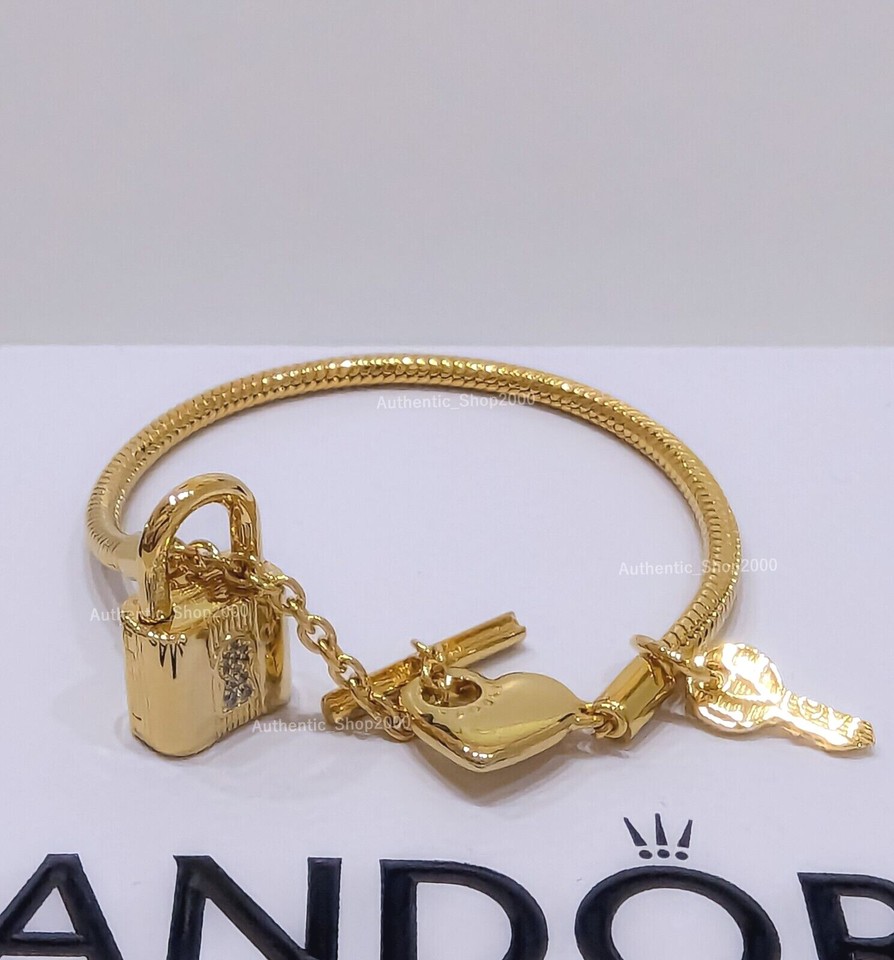 NEW 100% Authentic PANDORA Gold P Padlock and Key Dangle Charm Bracelet ...